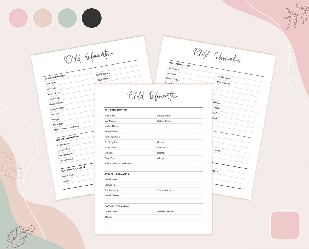 Printable Child's Information Sheet Editable Important Information ...