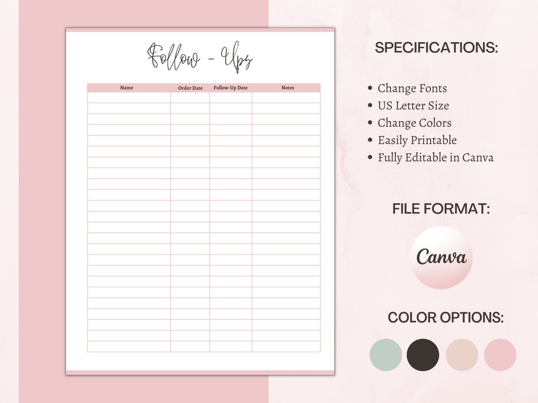 Printable Follow up Tracking, Customer Tracker, Small Business Client ...