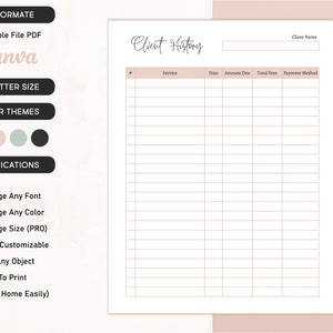 Printable Client History, Client Payment Log, Business Finance Sheet ...