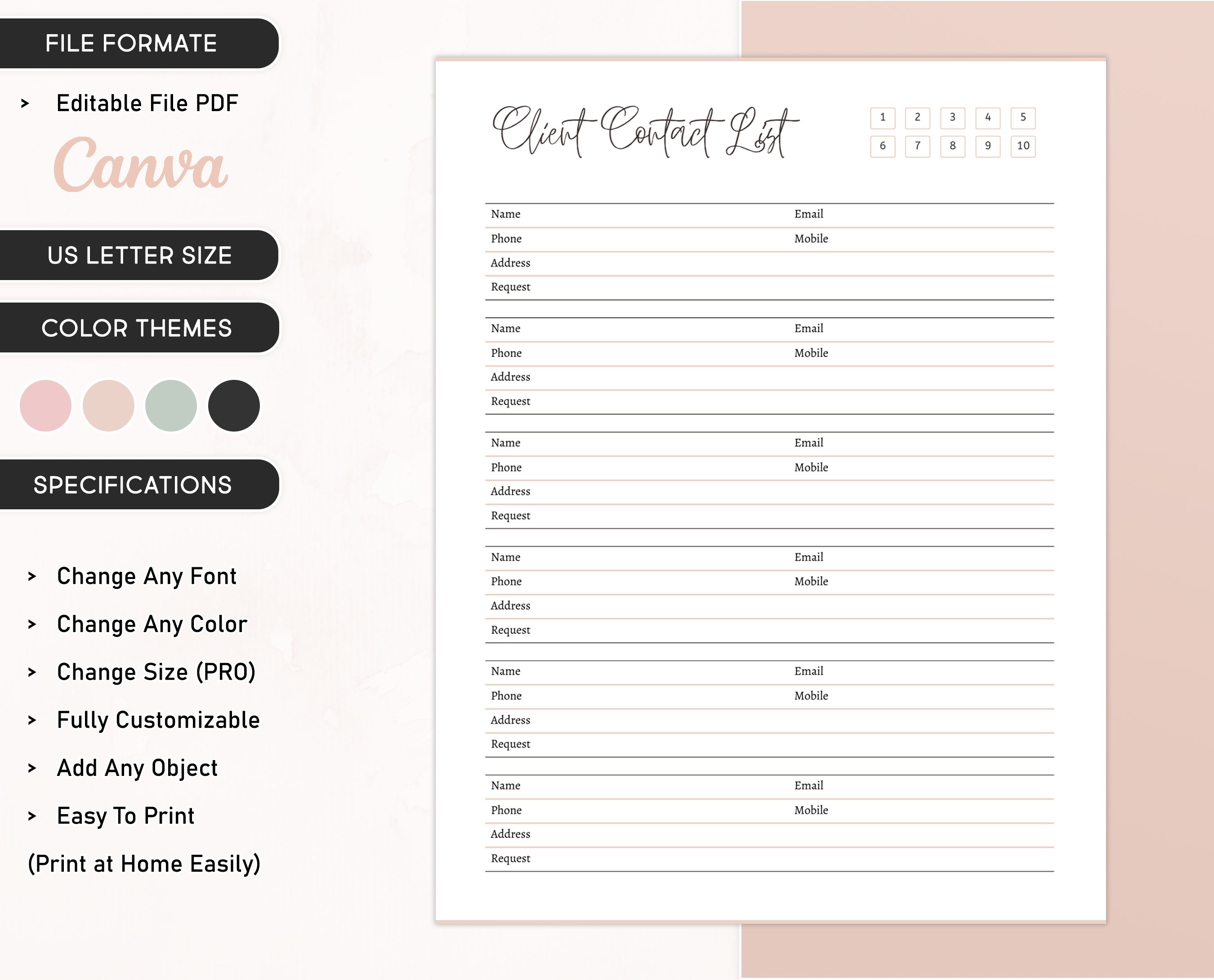 Client Contact List Printable Template Contact Information Fillable ...