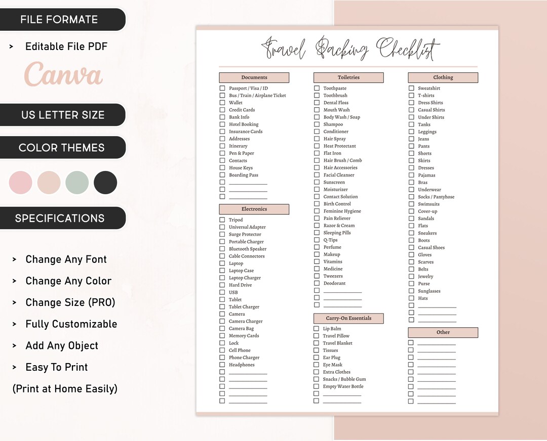 Printable Travel Packing Checklist Editable Packing List Template ...
