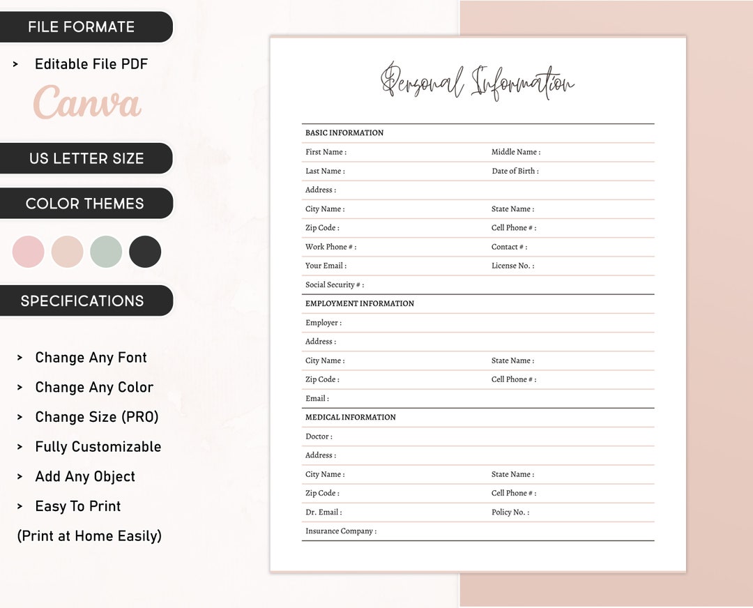 Personal Information Page, Printable Basic Information Template ...
