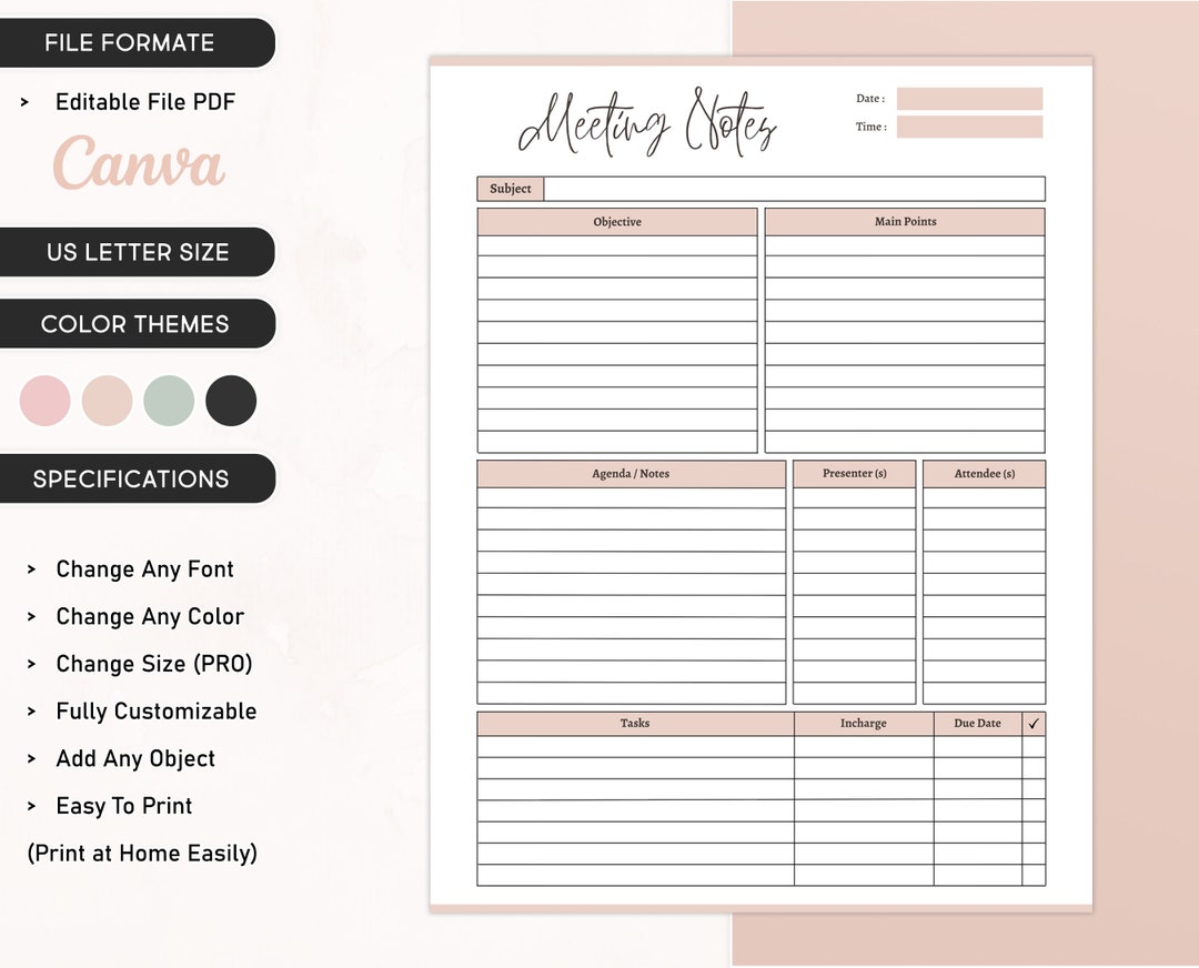 Meeting Notes Template, Printable Meeting Agenda PDF, Meeting Notes ...