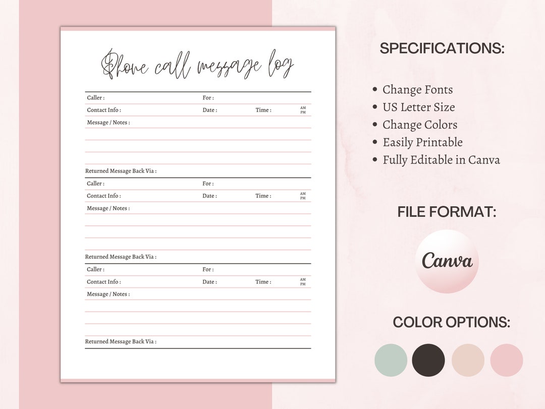 Phone Call Message Log, Fillable Telephone Template, Communication Log ...