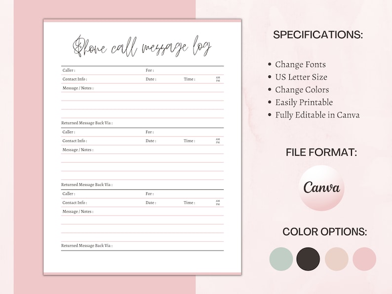 Phone Call Message Log, Fillable Telephone Template, Communication Log ...