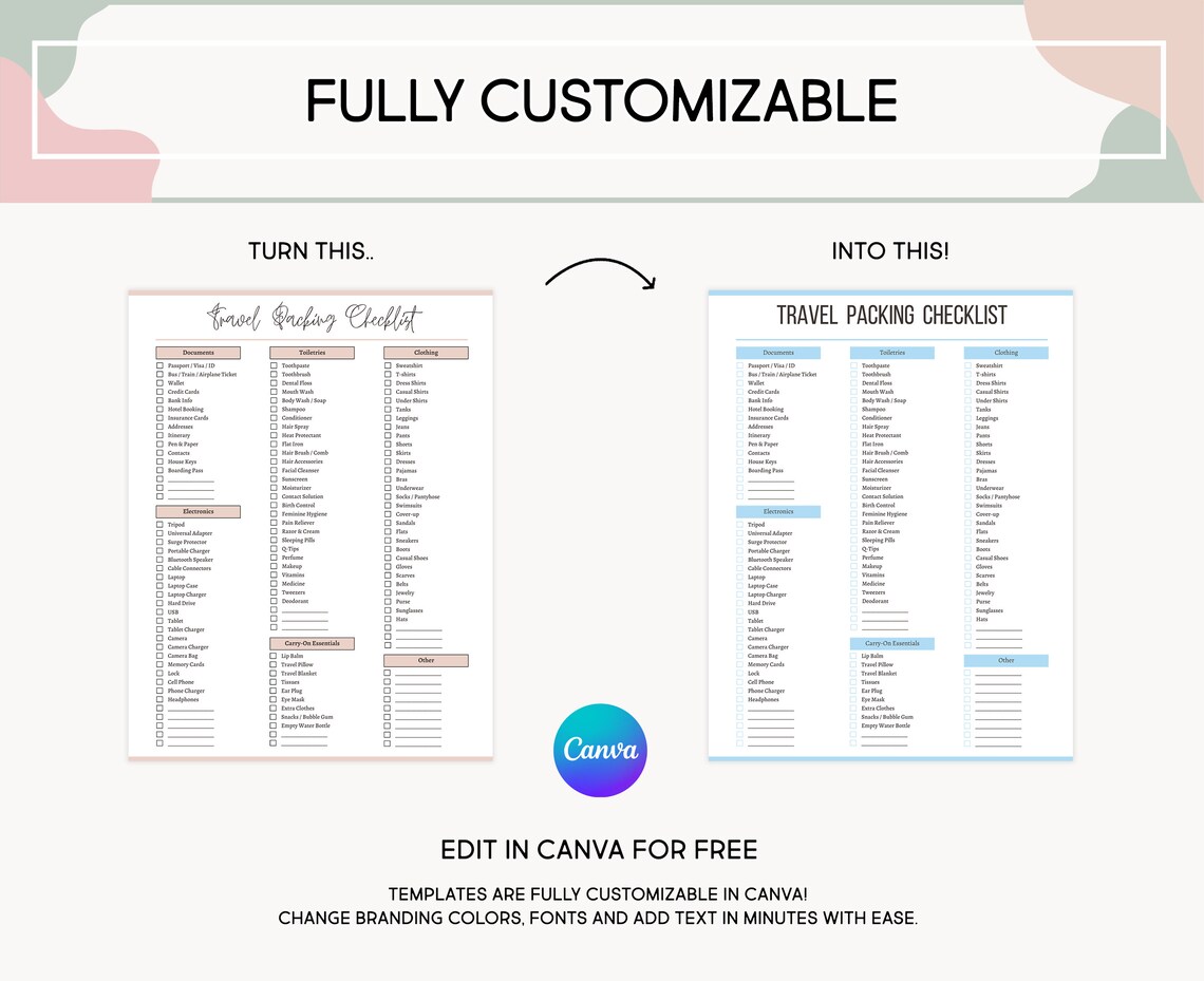 Printable Travel Packing Checklist Editable Packing List - Etsy