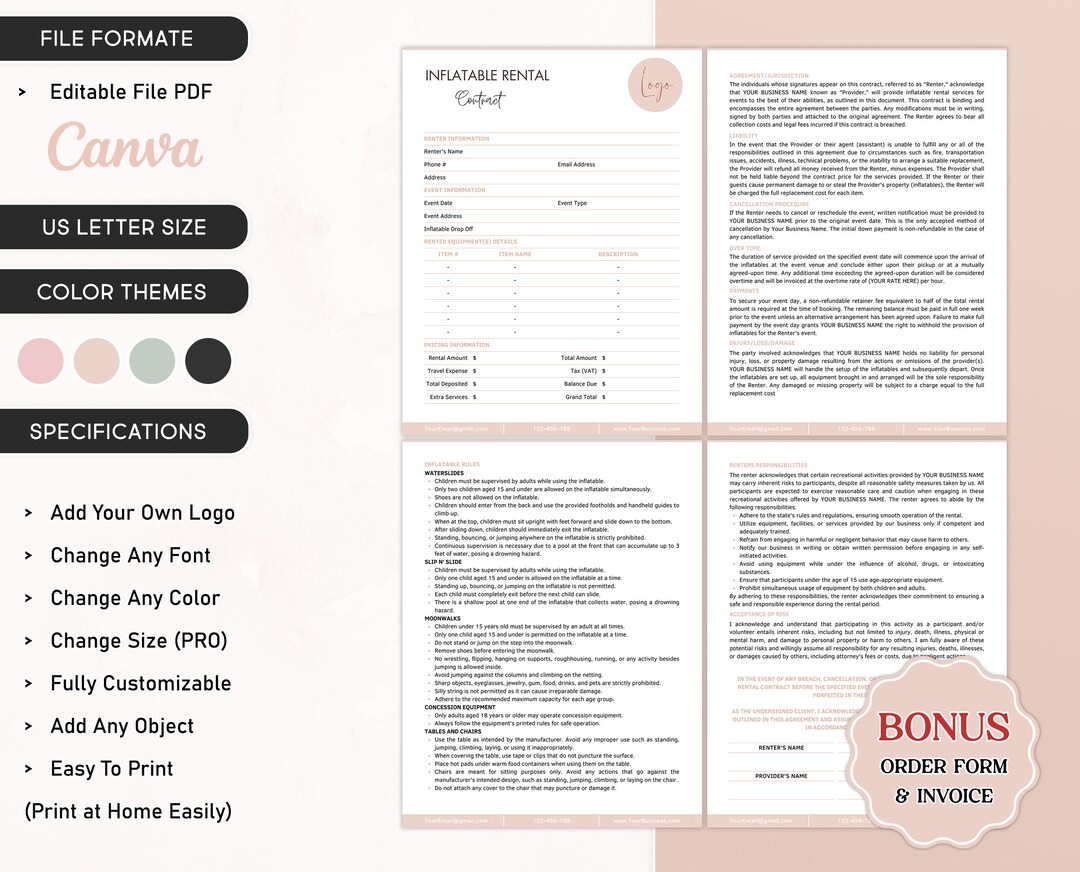 Inflatable Rental Agreement Editable Template, Simple Bounce House ...
