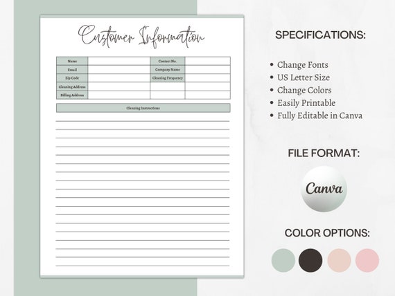 Customer Information Sheet Personalized Client Details - Etsy
