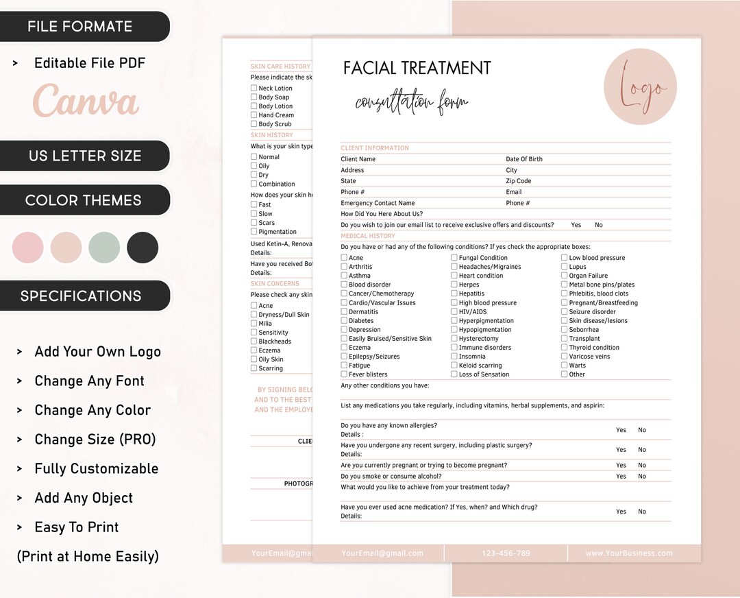Facial Consultation Form, Editable Spa Form, Skincare Business Template ...
