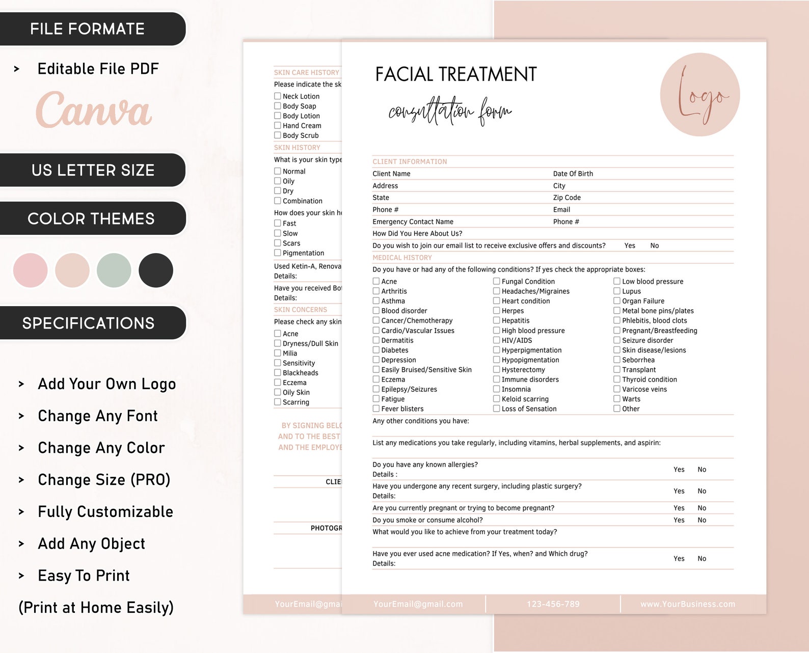 Facial Consultation Form, Editable Spa Form, Skincare Business Template ...
