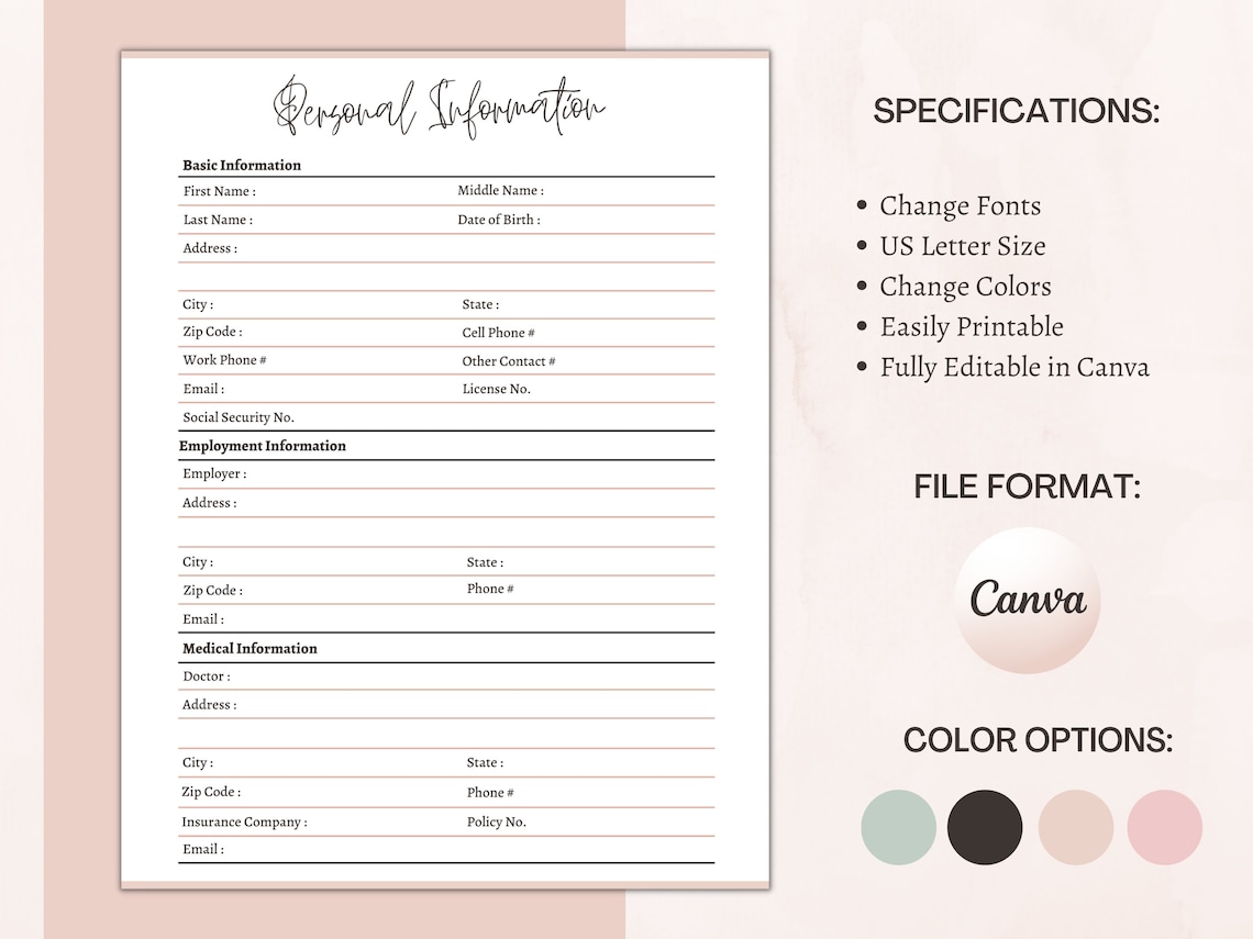 Personal Information Page Printable Basic Information - Etsy