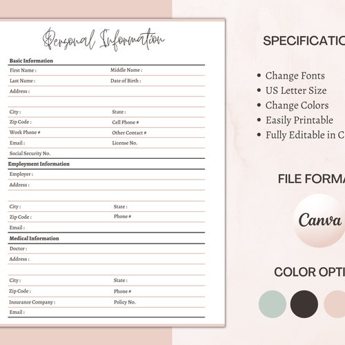 Personal Information Page Printable Basic Information - Etsy UK