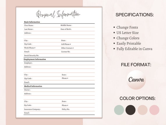 Personal Information Page Printable Basic Information - Etsy UK