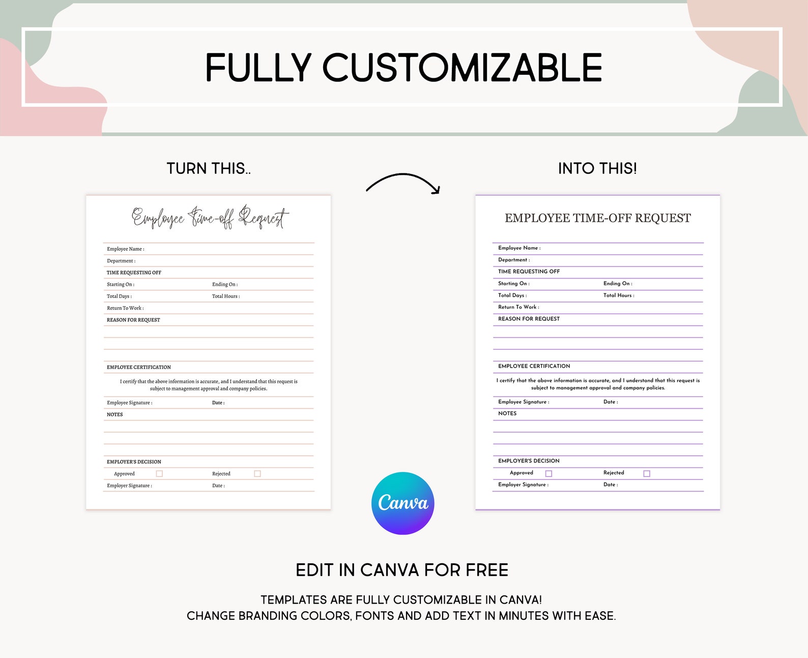 Employee Time off Request Template, Editable Vacation Request Form ...