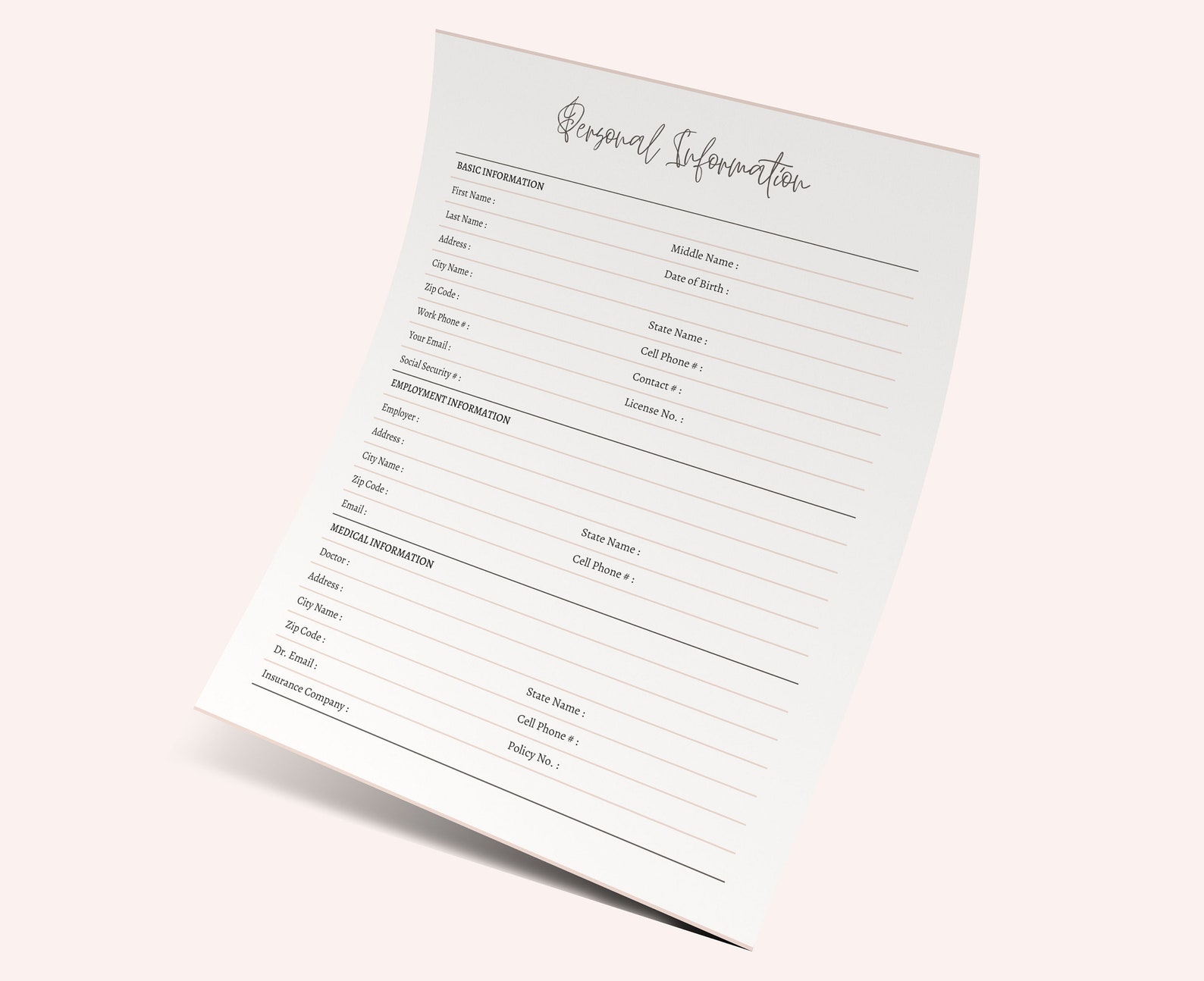 Personal Information Page, Printable Basic Information Template ...
