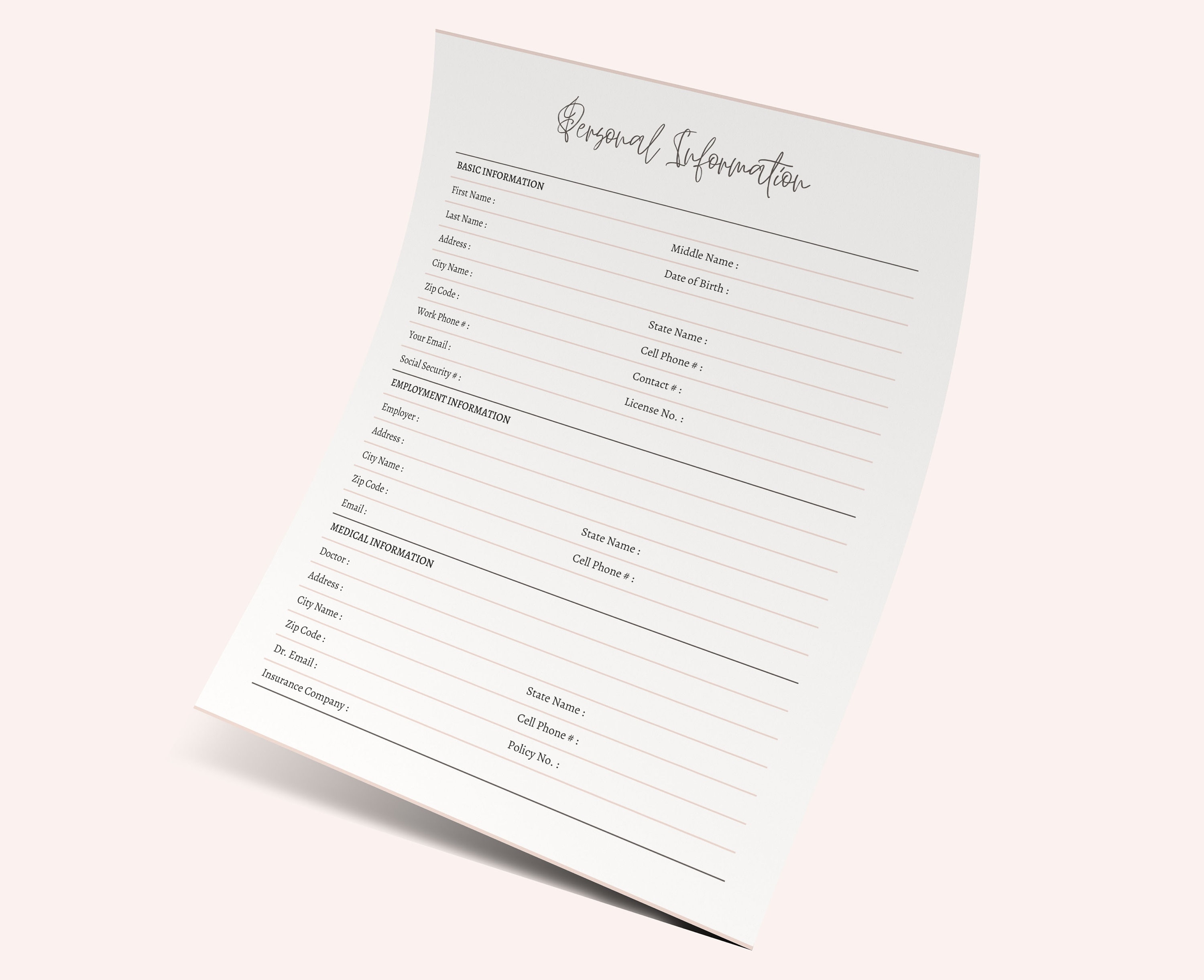 Personal Information Page, Printable Basic Information Template ...