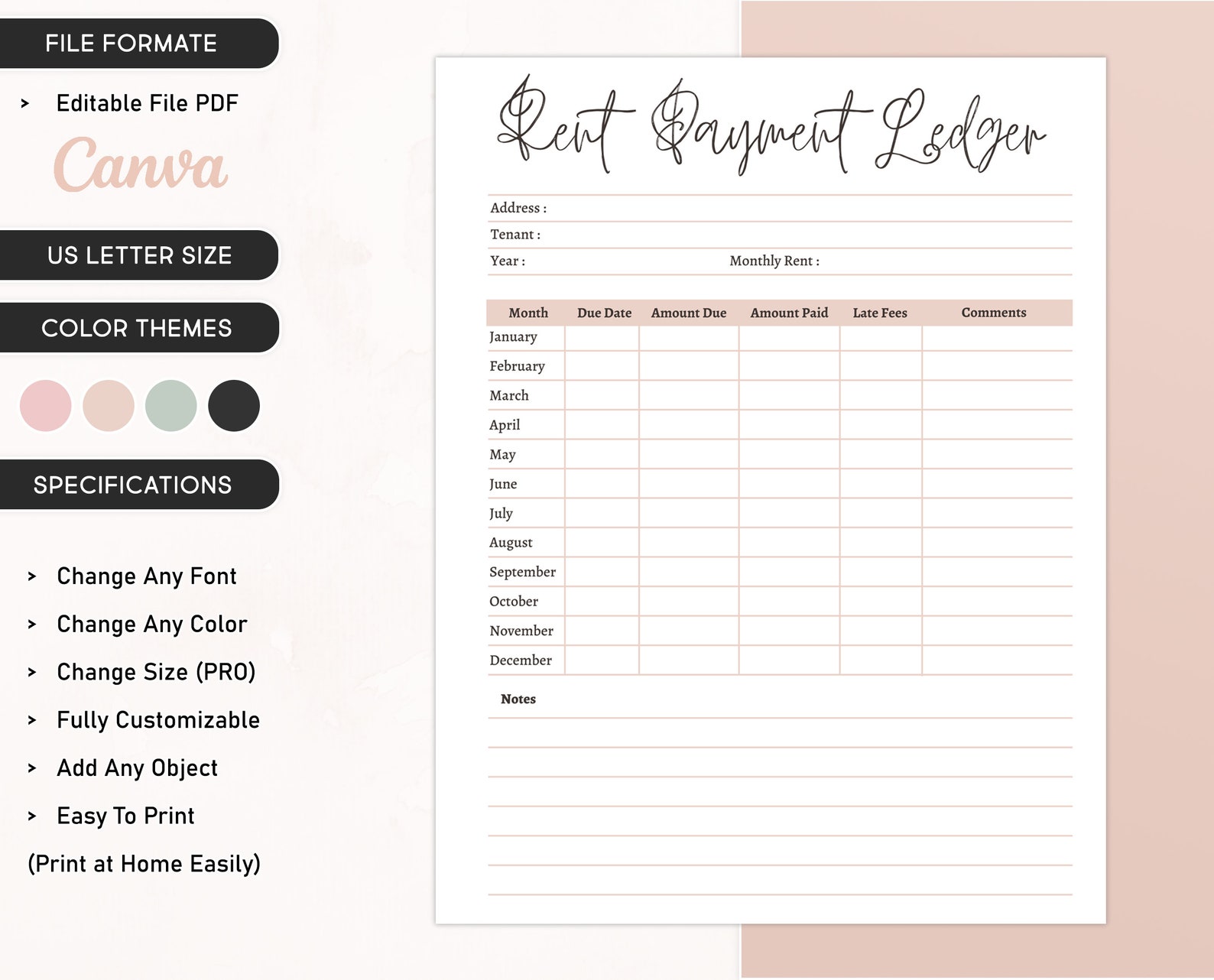 Printable Rent Payment Ledger Editable Monthly Rental Payment Tracker ...