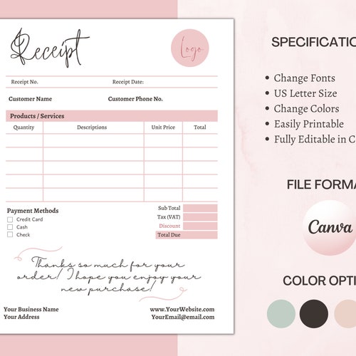 Printable Receipt Template Canva Printable Billing Template - Etsy