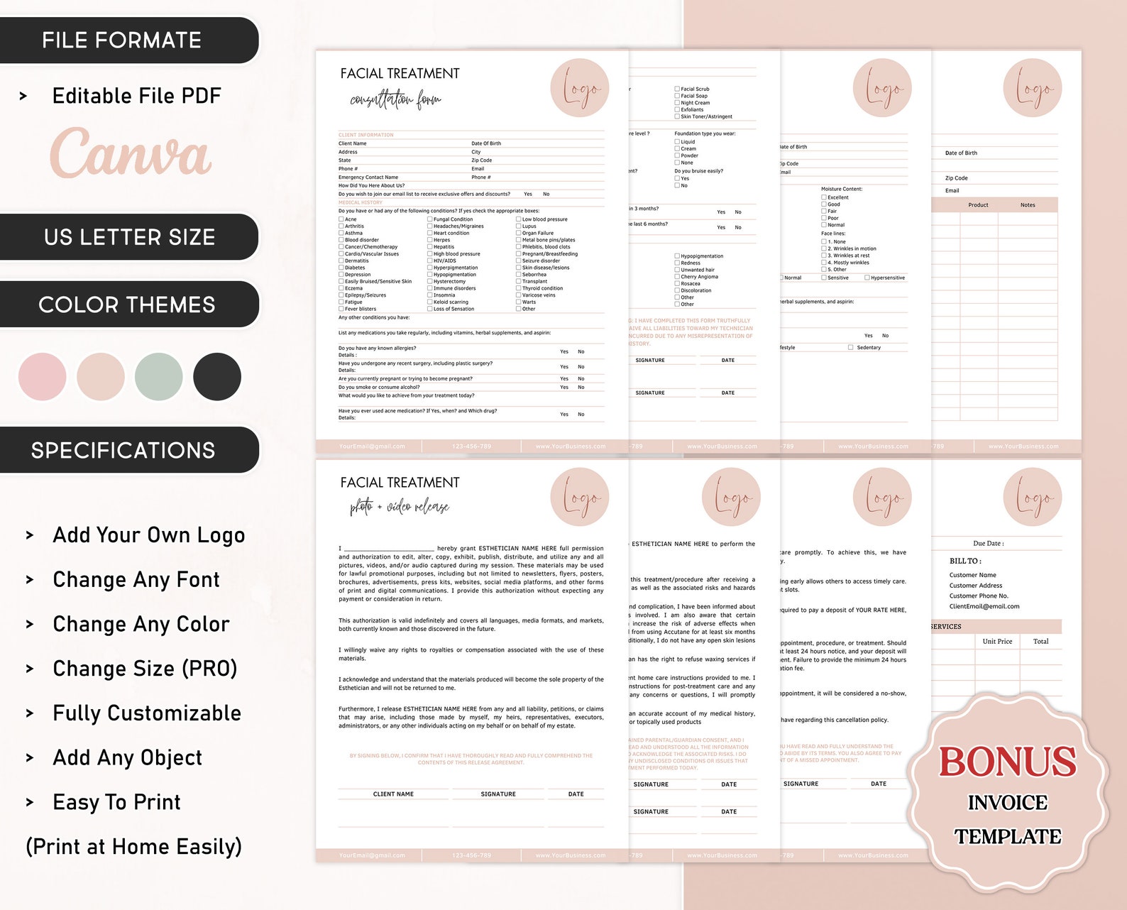 Facial Treatment Forms, Editable Facial Consent Form, Esthetician ...