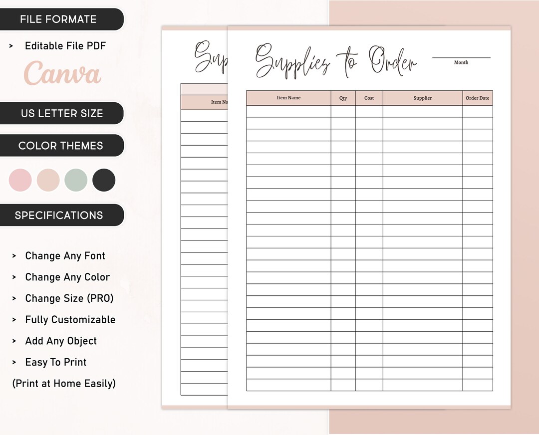 Supplies Tracker, Supplies to Order, Small Business Tool, Printable ...