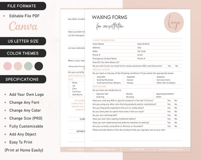 Editable Waxing Treatment Forms | Editable Waxing Client Intake Form ...