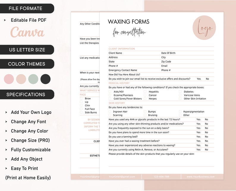 Waxing Consultation Forms Editable Template, Professional Waxing Intake ...