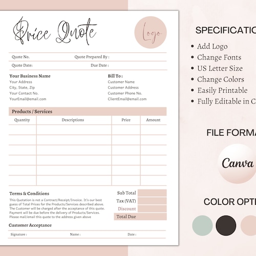 Canva Editable Price Quote Template Printable Price Estimate - Etsy