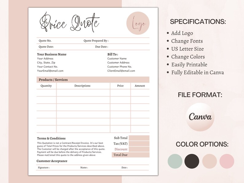 Canva Editable Price Quote Template Printable Price Estimate - Etsy
