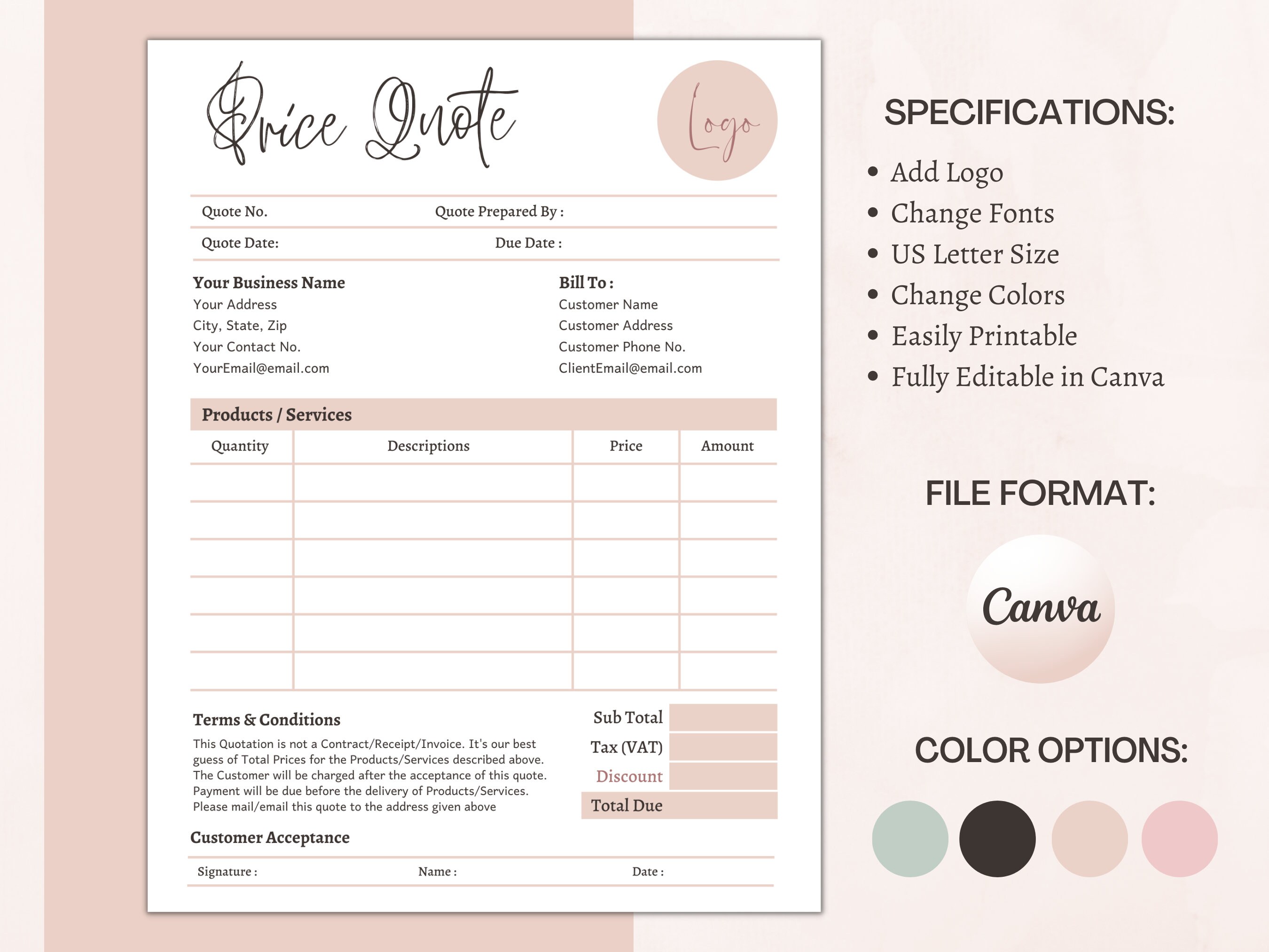Canva Editable Price Quote Template Printable Price Estimate 