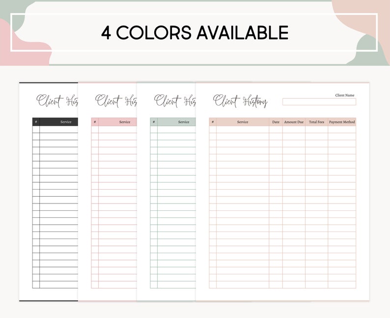 Printable Client History, Client Payment Log, Business Finance Sheet ...