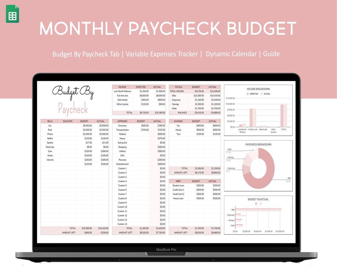 Monthly Budget Spreadsheet, Google Sheets Paycheck Budget Template ...
