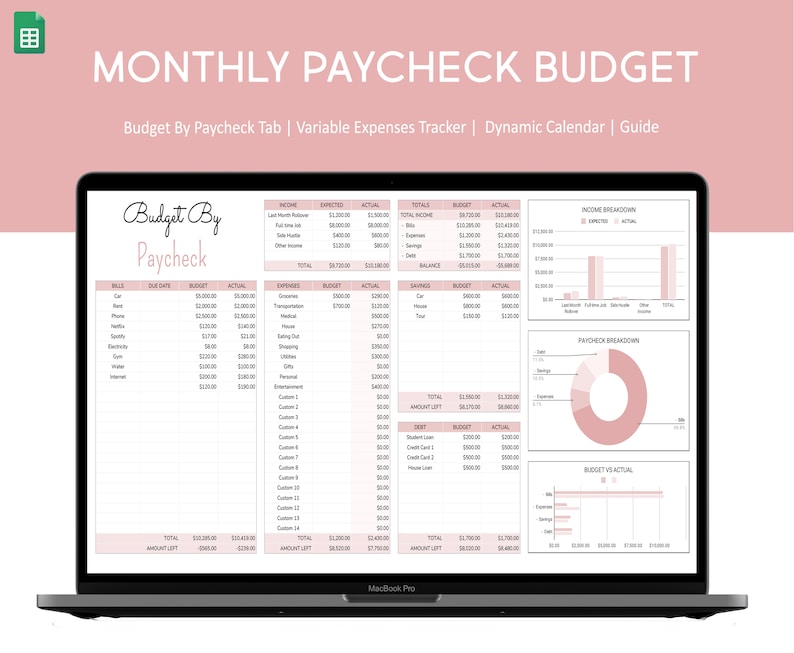 Monthly Budget Spreadsheet, Google Sheets Paycheck Budget Template ...