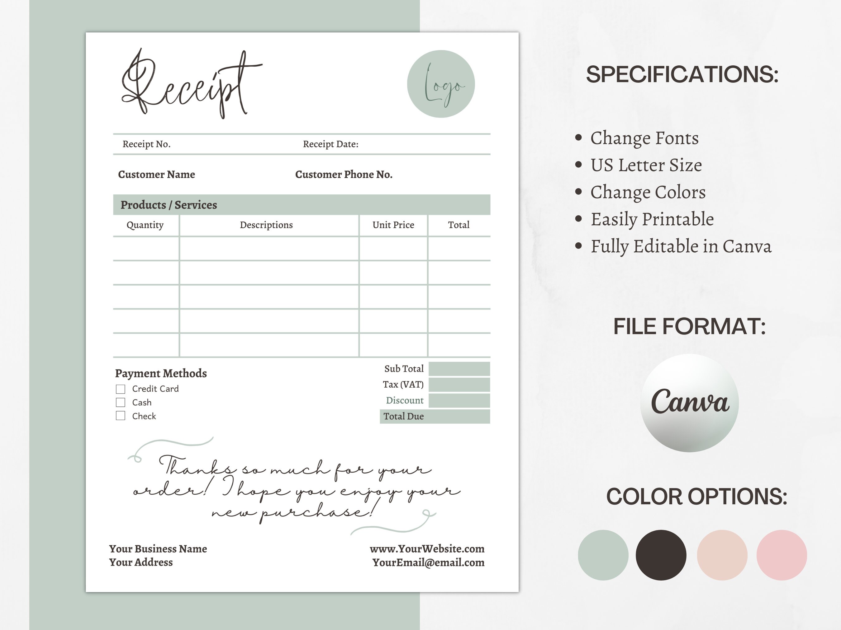 Receipt Templates Editable in Canva Printable Business - Etsy