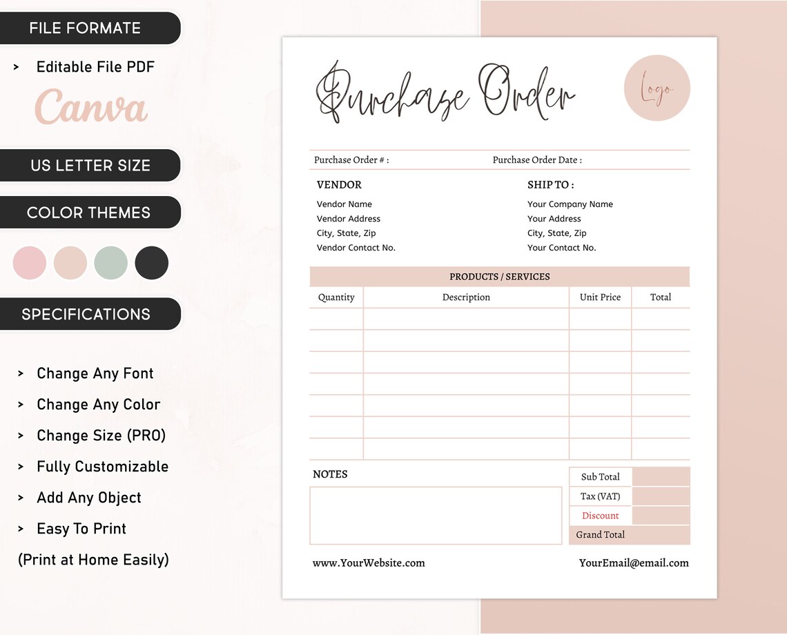 Editable Purchase Order Template Canva Order Form Template - Etsy