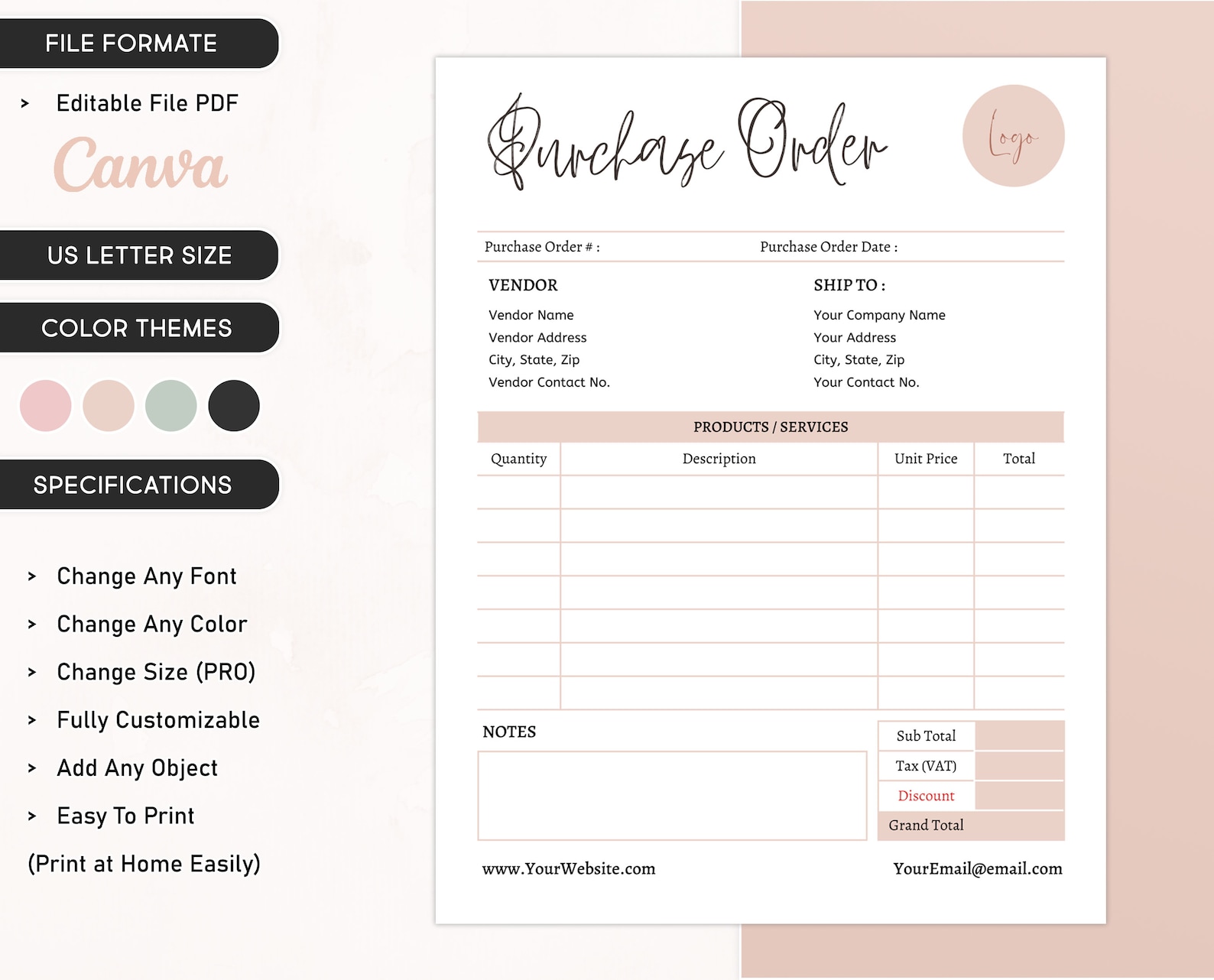 Editable Purchase Order Template Canva Order Form Template Printable ...