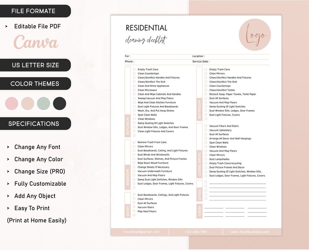 Editable Residential Cleaning Checklist, House Cleaning List Template ...