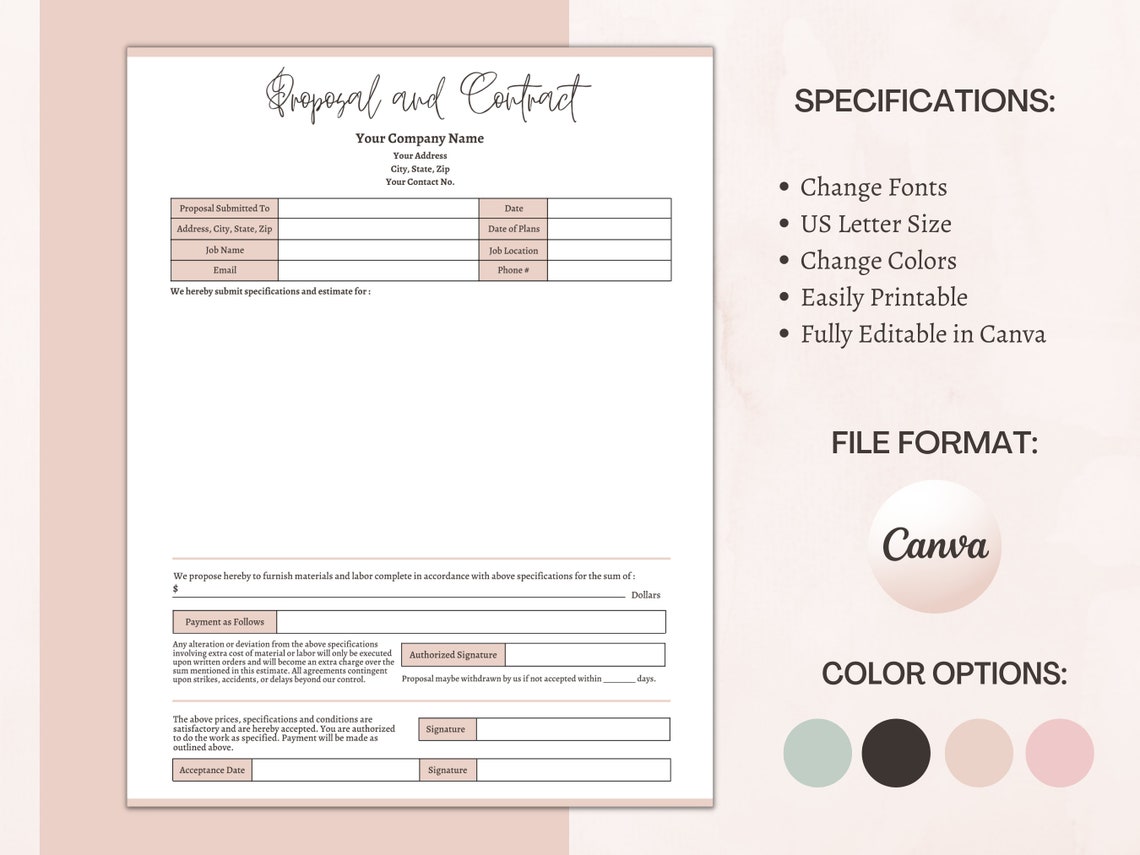 Printable Contract and Proposal Template Canva Editable Form - Etsy