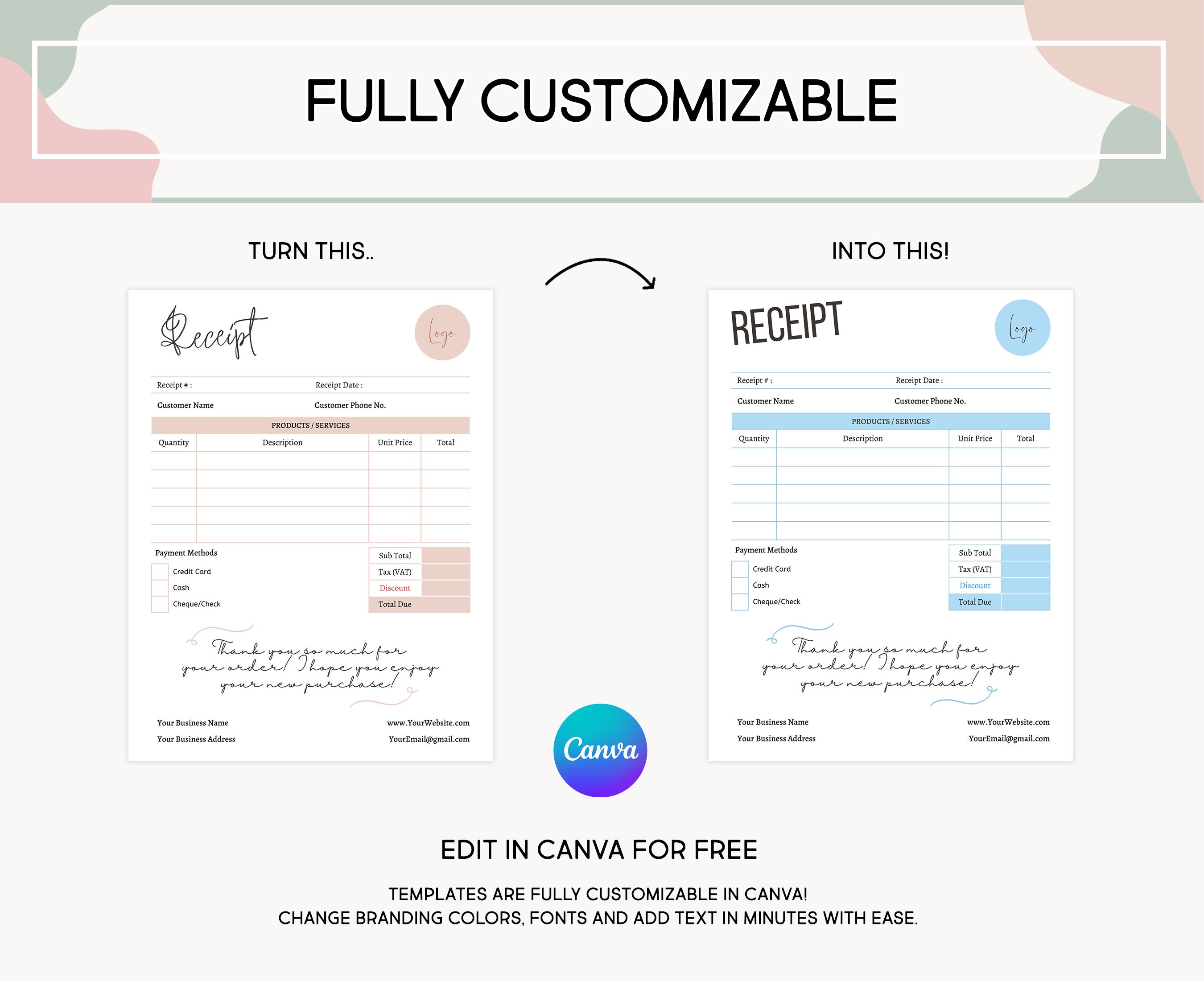 Printable Receipt Template Canva Printable Billing Template - Etsy