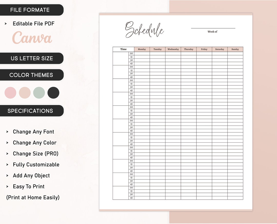 Printable Schedule 15 Minute Interval Planner Editable Daily Schedule ...