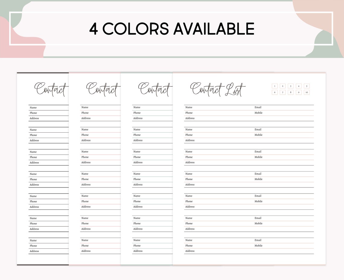 Contact Information Template, Printable Contact List, Address Phone ...