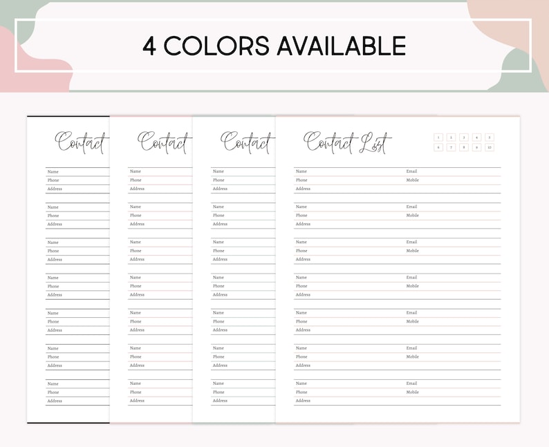 Contact Information Template, Printable Contact List, Address Phone ...