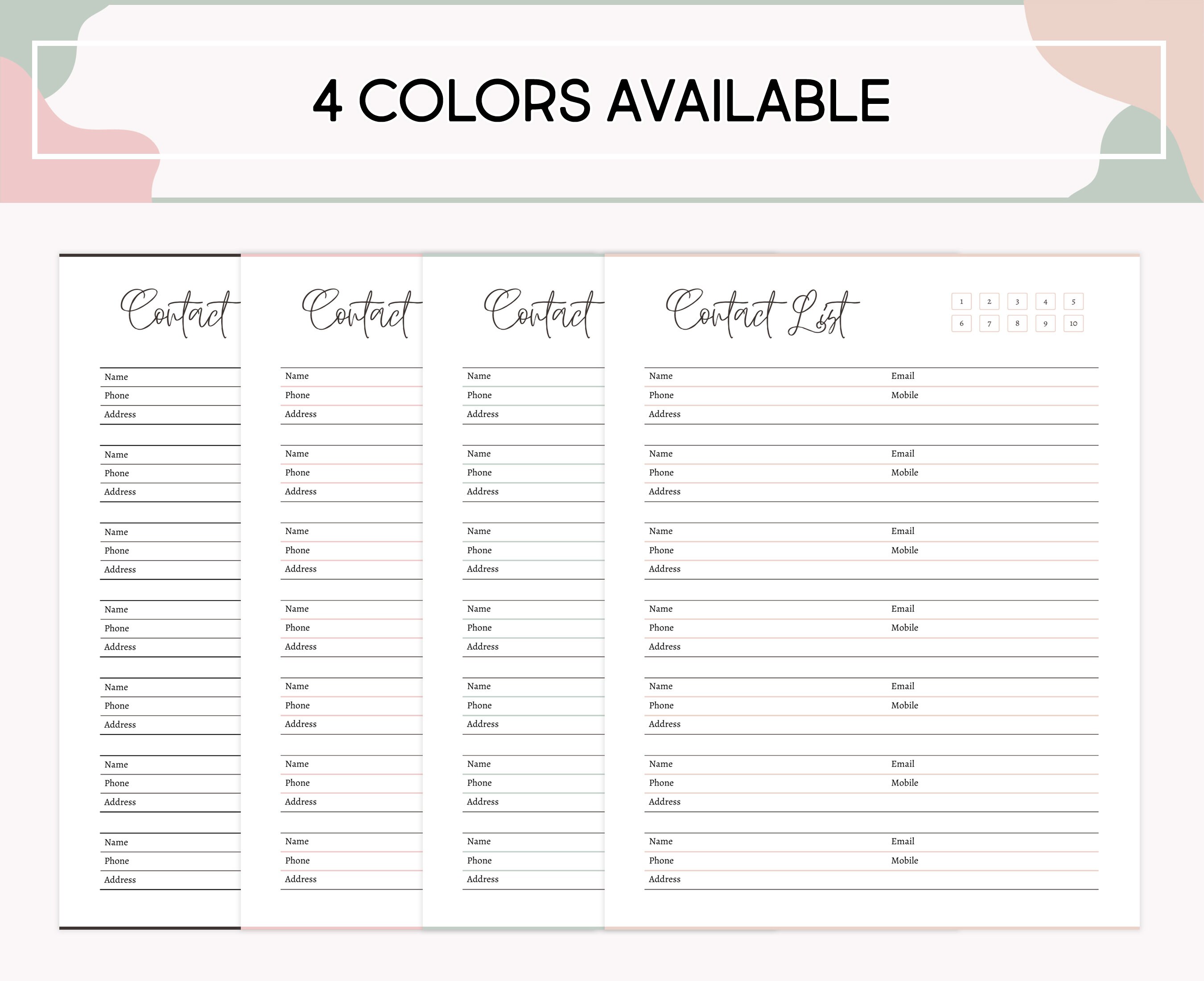 Contact Information Template, Printable Contact List, Address Phone ...