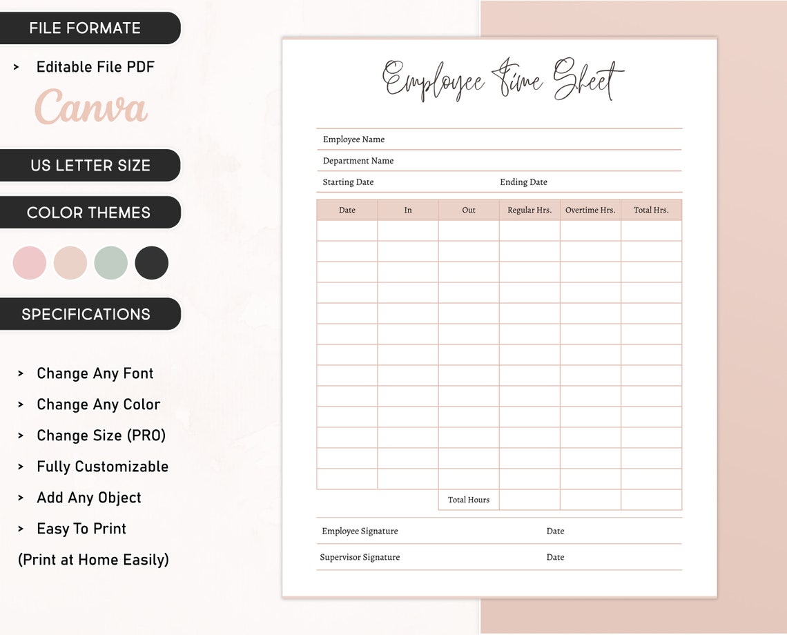 Employee Time Sheet Editable Canva Digital Template - Printable Time ...