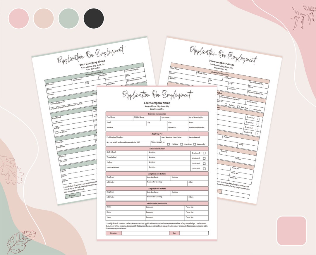 Job Application for Employment Template, Editable Employee Information ...