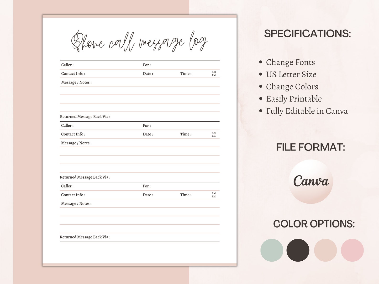 Phone Call Message Log Voicemail Tracker Message Planner - Etsy