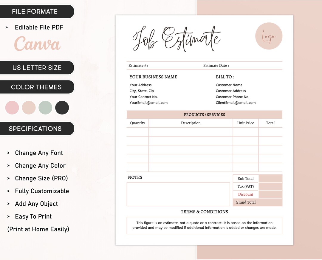 Printable Job Estimate Template Editable Small Business Templates ...