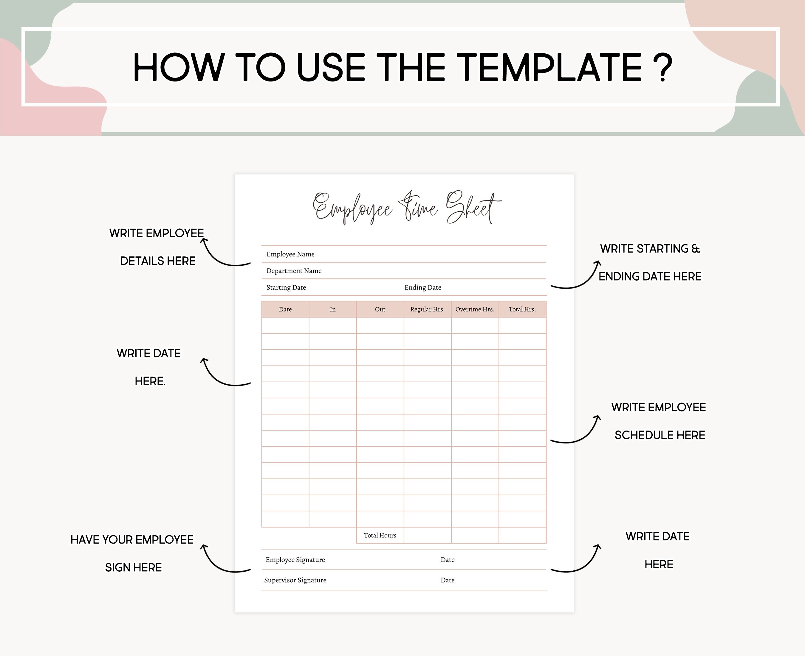 Employee Timesheet, Editable and Printable Template, Personalized Time ...