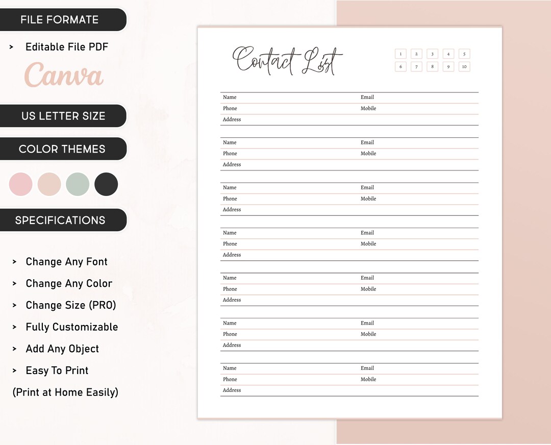 Contact Information Template, Printable Contact List, Address Phone ...