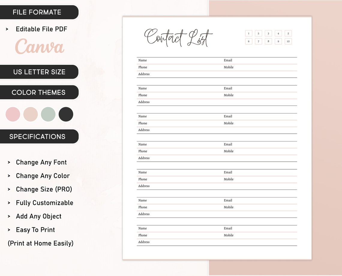 Contact Information Template, Printable Contact List, Address Phone ...