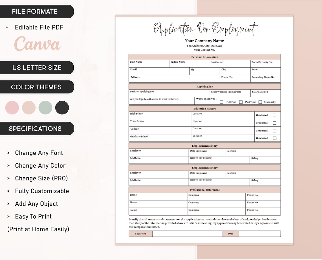 Editable Job Application Template: Canva Customizable (digital Download ...